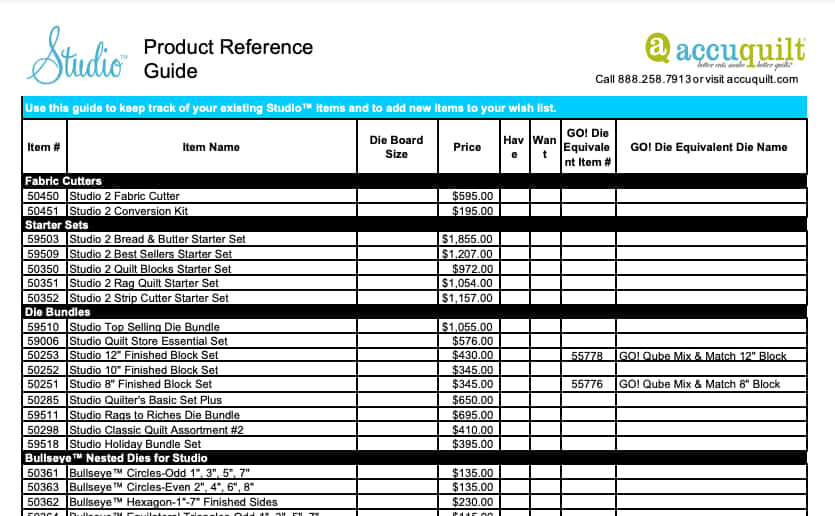 Studio Reference Chart – AccuQuilt